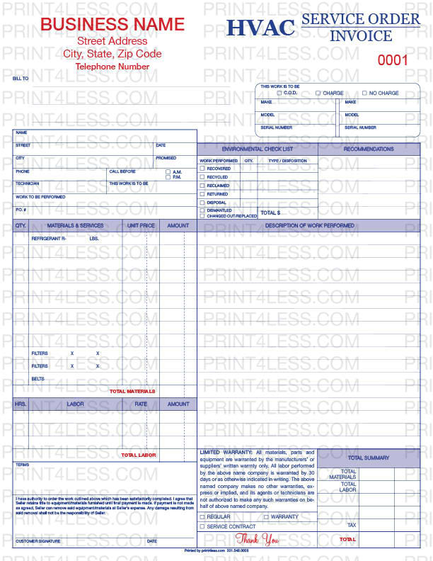 HVAC P-2547 Service Order Carbonless Form : Print4Less, We can assist ...