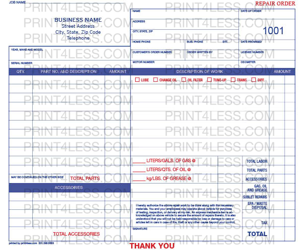 Auto P-650 Repair Order Carbonless Form : Print4Less, We can assist ...