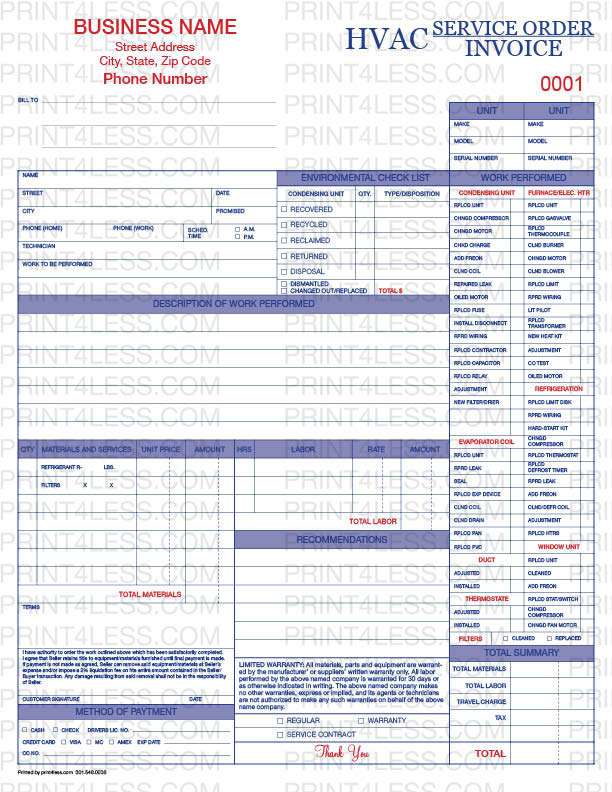 HVAC P-6531 Service Order Carbonless Form : Print4Less, We can assist ...