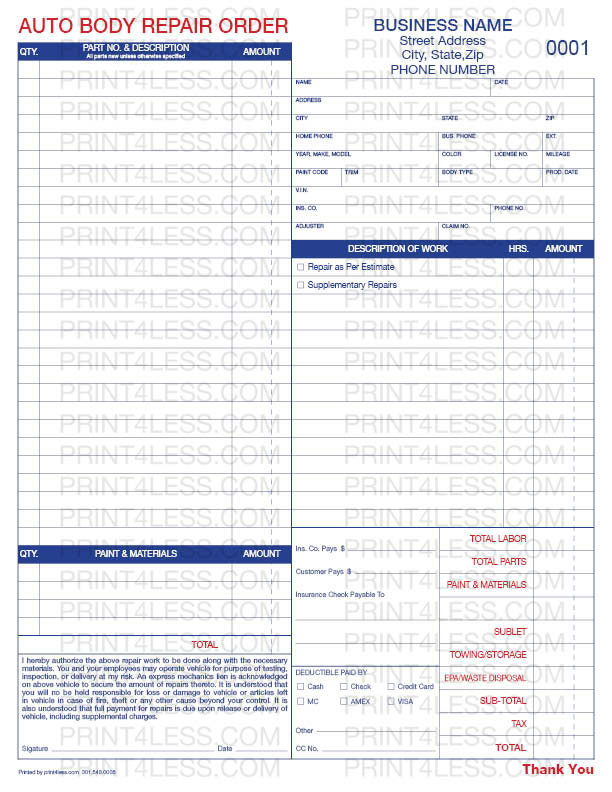 Auto P-6597 Repair Order Carbonless Form : Print4Less, We can assist ...