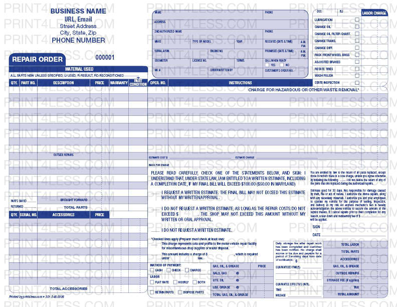Auto P-1183 Repair Order Carbonless Form : Print4Less, We can assist ...